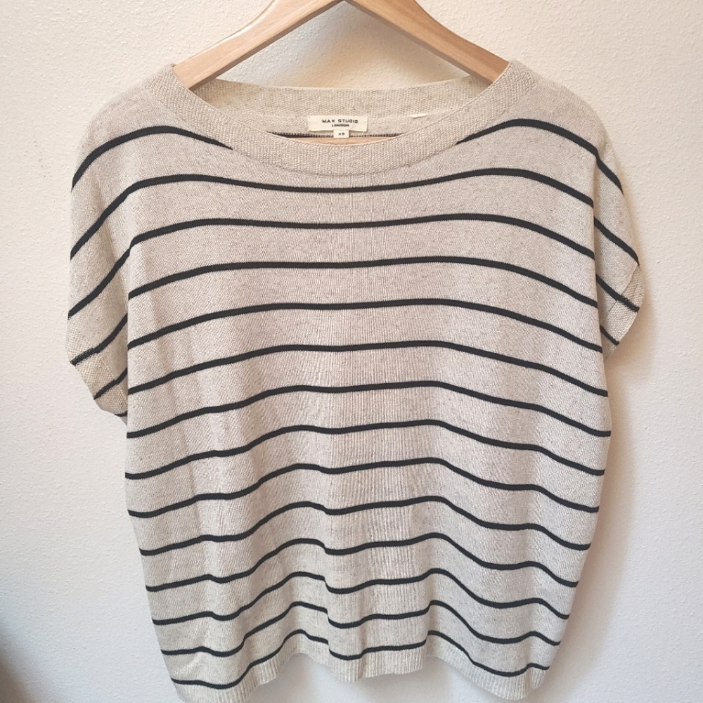 Max Studio London Striped Linen Blend Top Size Xs - Gem